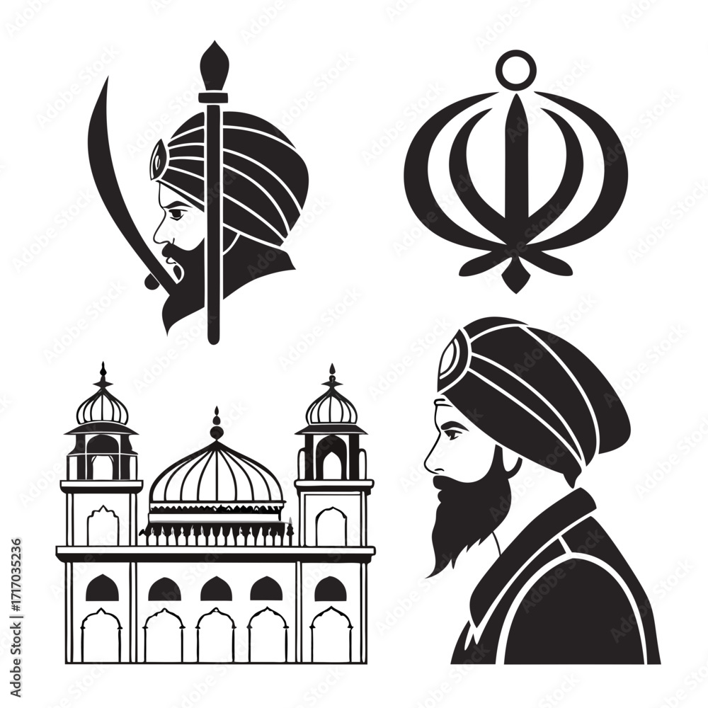 Sikh man profile KHANDA symbol and mosque outline Stock Vector | Adobe ...