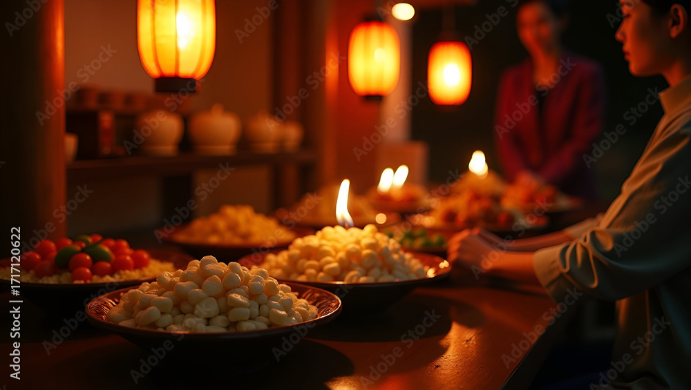 Families offering seasonal fruits rice cakes and incense at ancestral ...