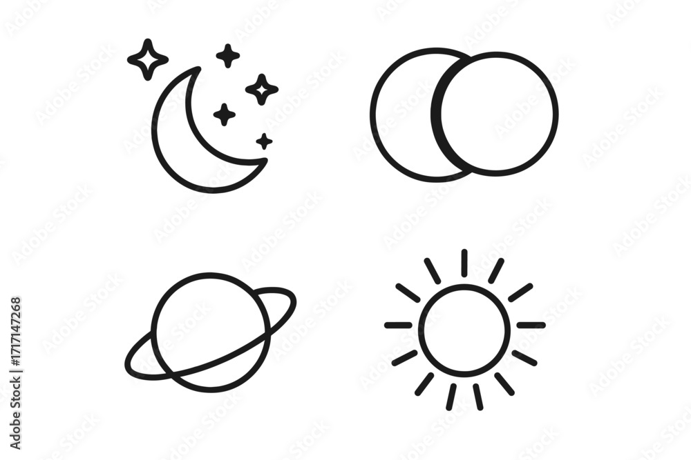 Celestial icon set. Moon, stars, Saturn, sun and eclipse line icons ...