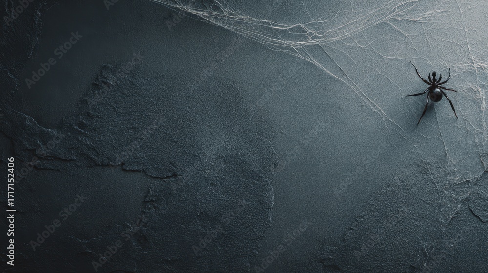 Slate gray wall with ultra-fine web strands and spider silhouette ...