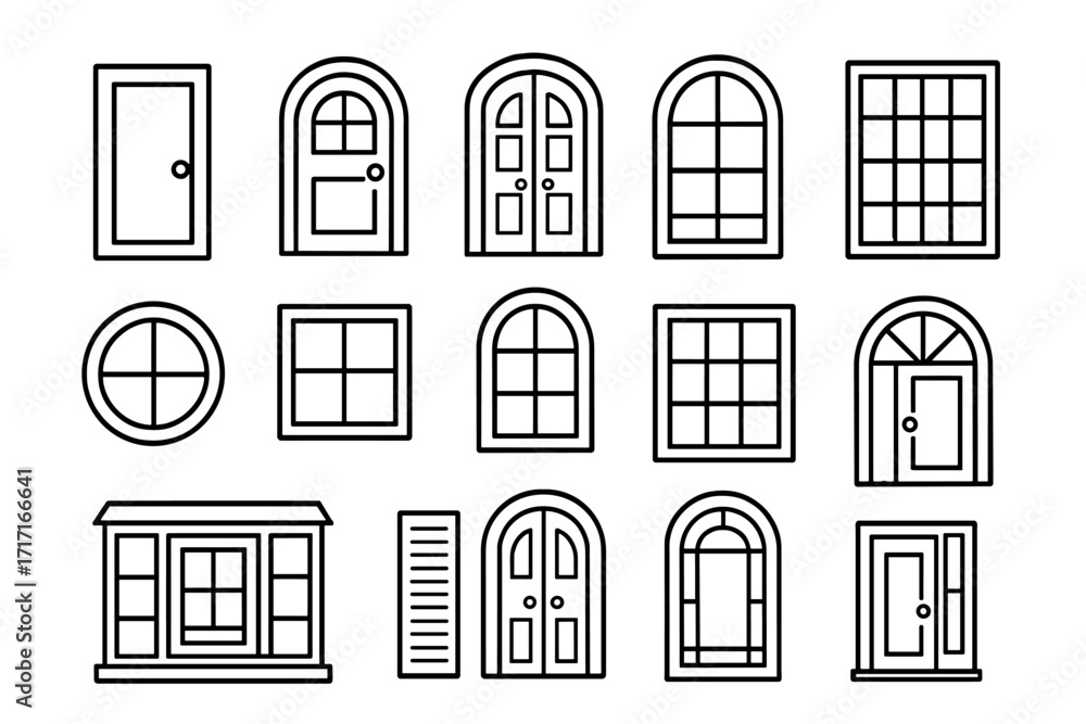 Doors and windows line icon set. Vector collection of building exterior ...