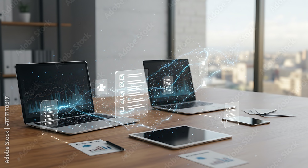 Connected laptops and tablets linked with holographic data streams ...