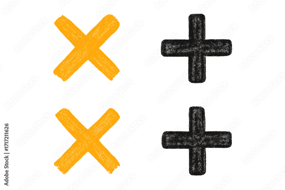 Vektor Vector set of hand-drawn plus and cross symbols. Crayon and ...