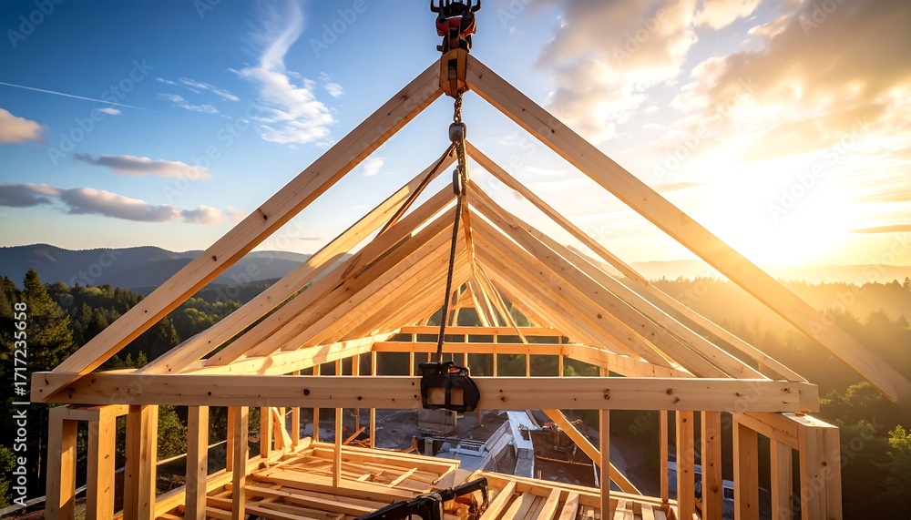 Crane Lifting Wooden Roof Truss onto House Frame at Sunset. Stock Photo ...