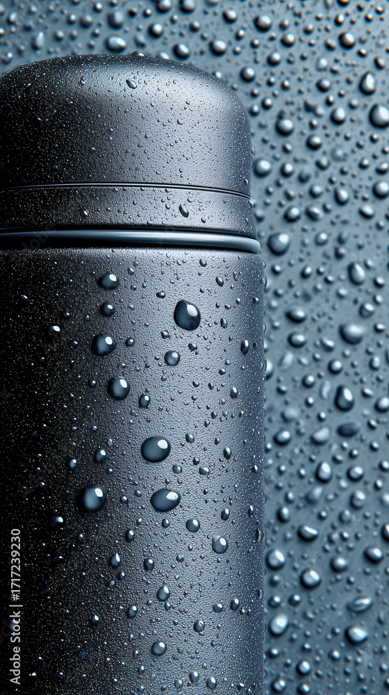 Close-up of insulated flask with water drops, ultra realistic detail ...