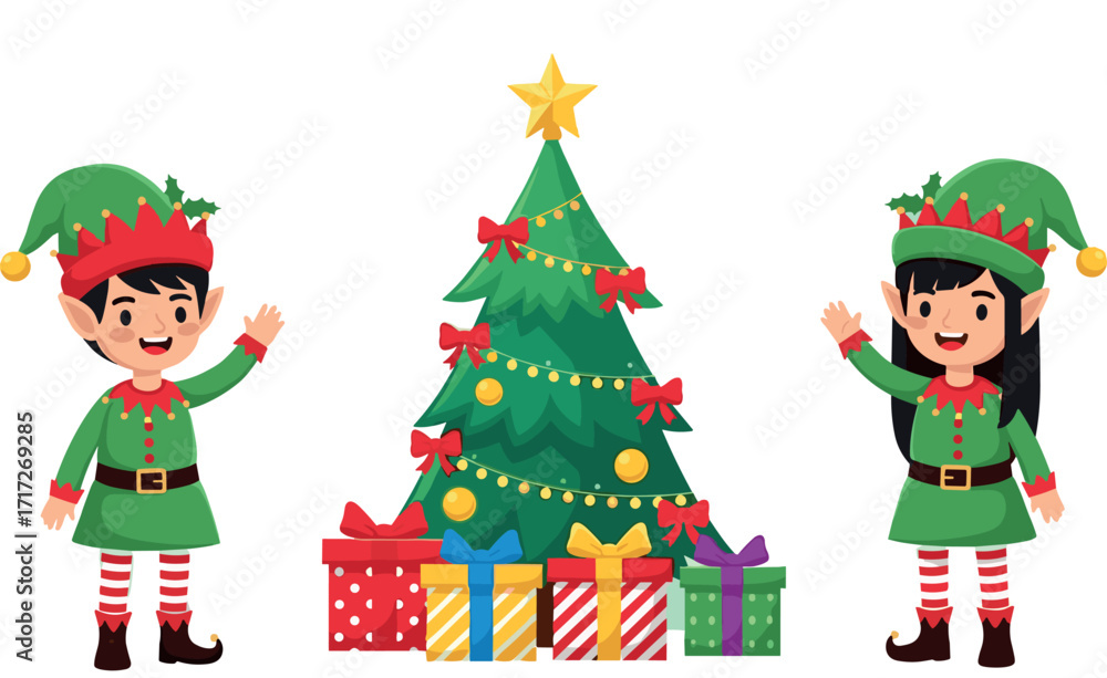 Cartoon Christmas elves with decorated tree and gifts, festive holiday ...