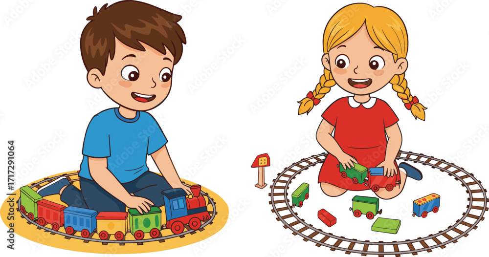 Children playing with toy trains on circular tracks, happy kids indoor ...