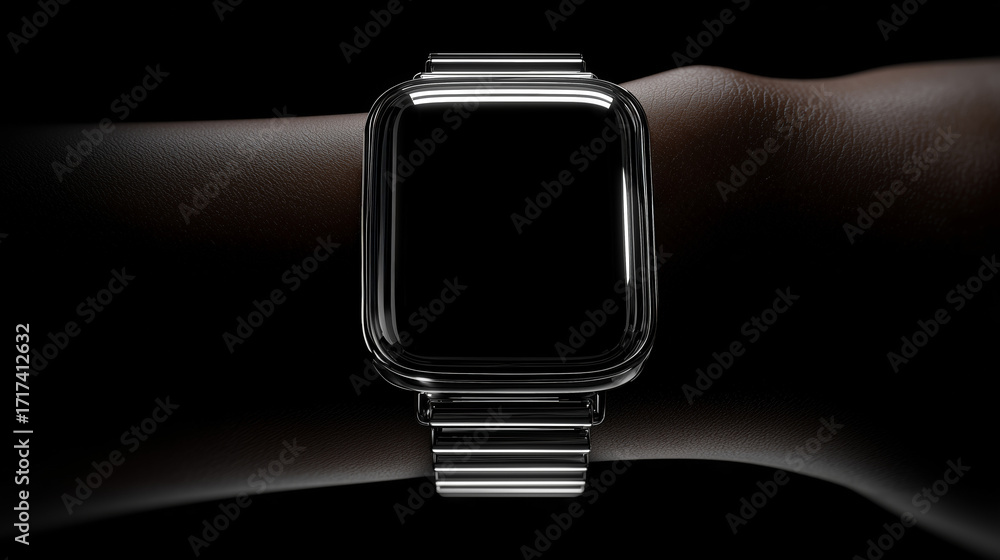 top view closeup of modern chrome smartwatch with metal strap on black ...