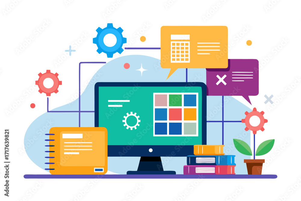Creative 3D illustration showing software development, programming code windows, debugging tools ...