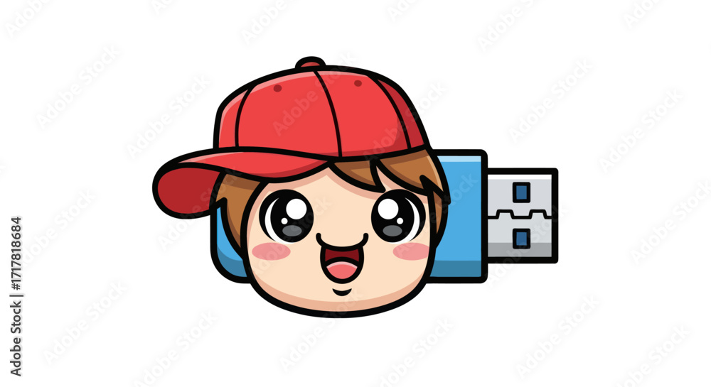 Cute cartoon boy head with red cap attached to a USB flash drive. Stock ...