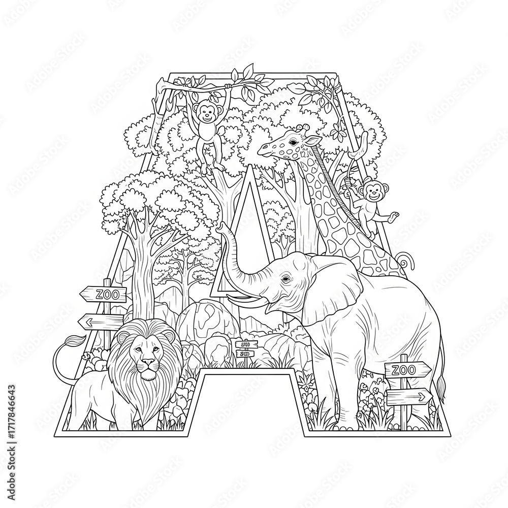 Zoo animal alphabet coloring page. A is for zoo animals cartoon ...
