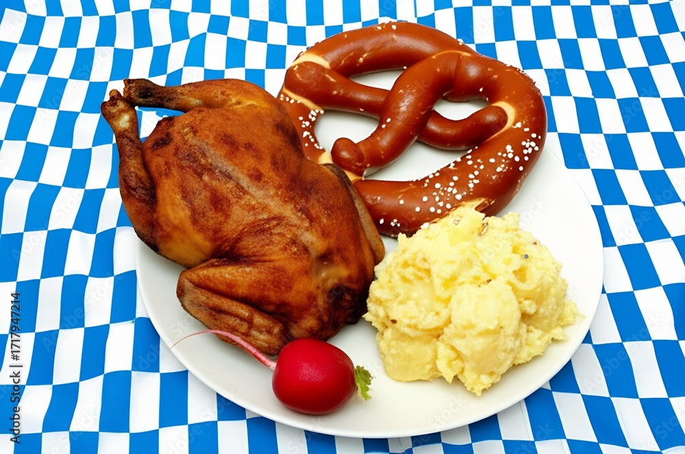 Oktoberfest feast: A plate brimming with a crispy roasted half chicken ...
