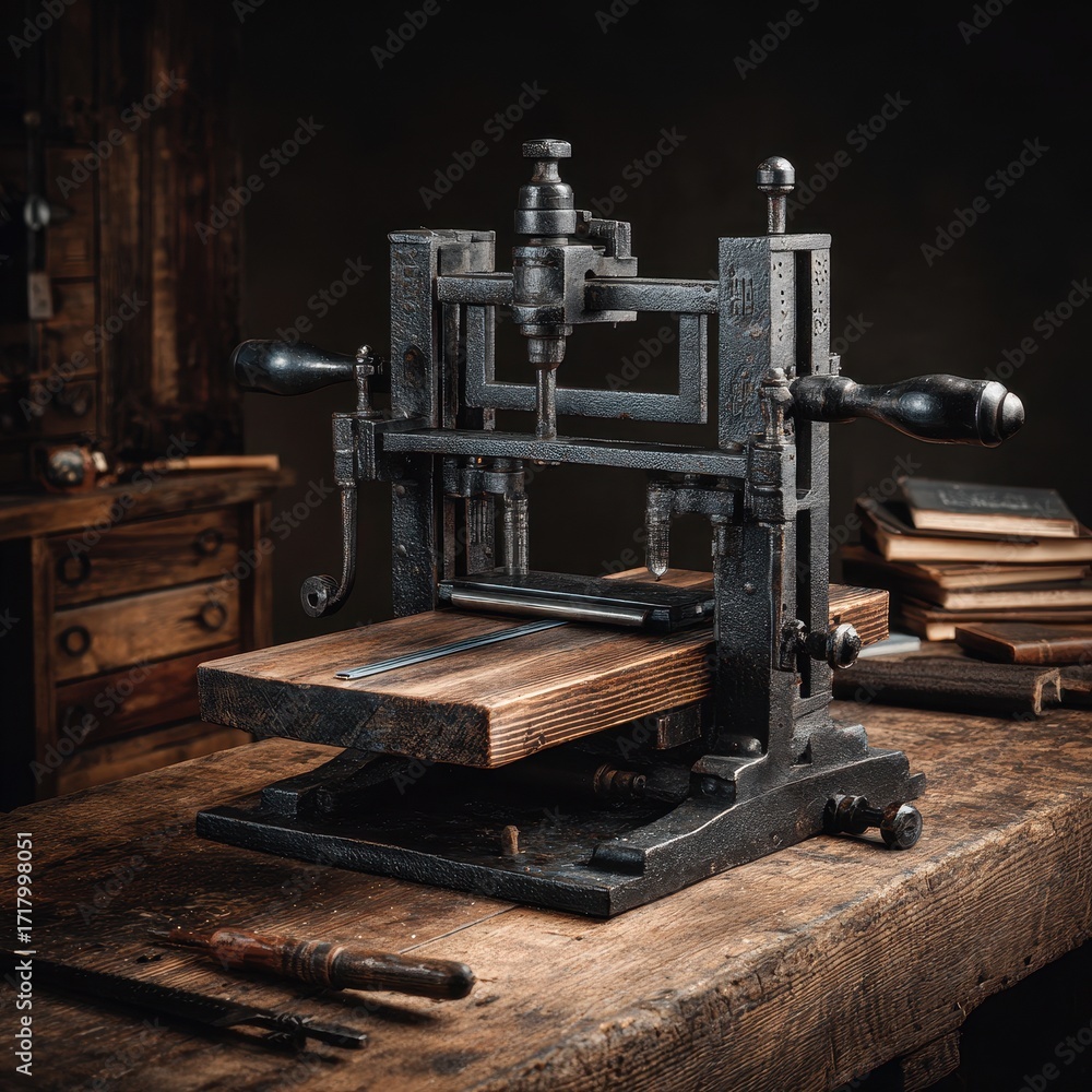 Antique cast iron bookbinding press on a rustic wooden workbench in a ...