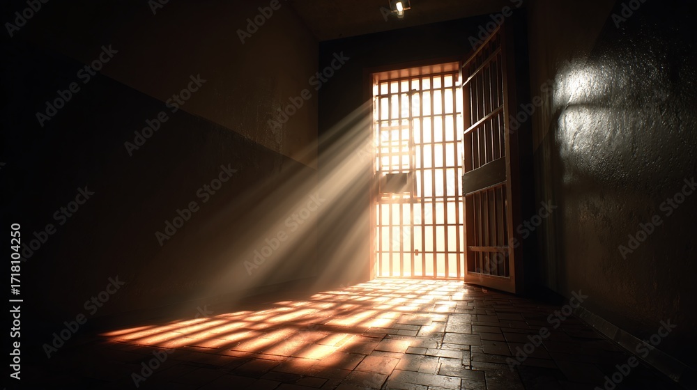 Light pierces through the barred gate, casting dramatic shadows. A ...