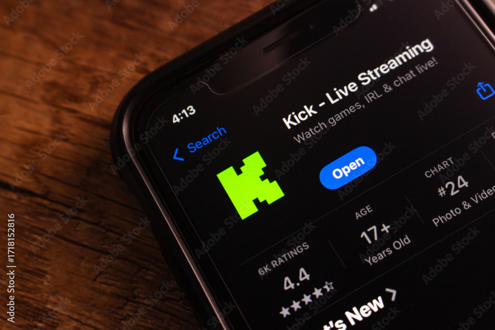 Mexico City, MEXICO - Sep 9 2025 : Close-up of smartphone showing Kick ...