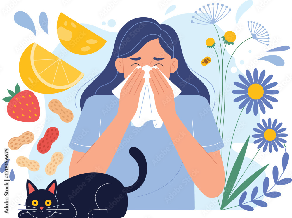 Allergic Reaction A Flat Cartoon Illustration Depicting Various ...