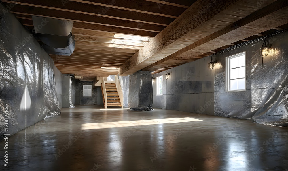 Unfinished basement with exposed ceiling beams and plastic sheeting on ...