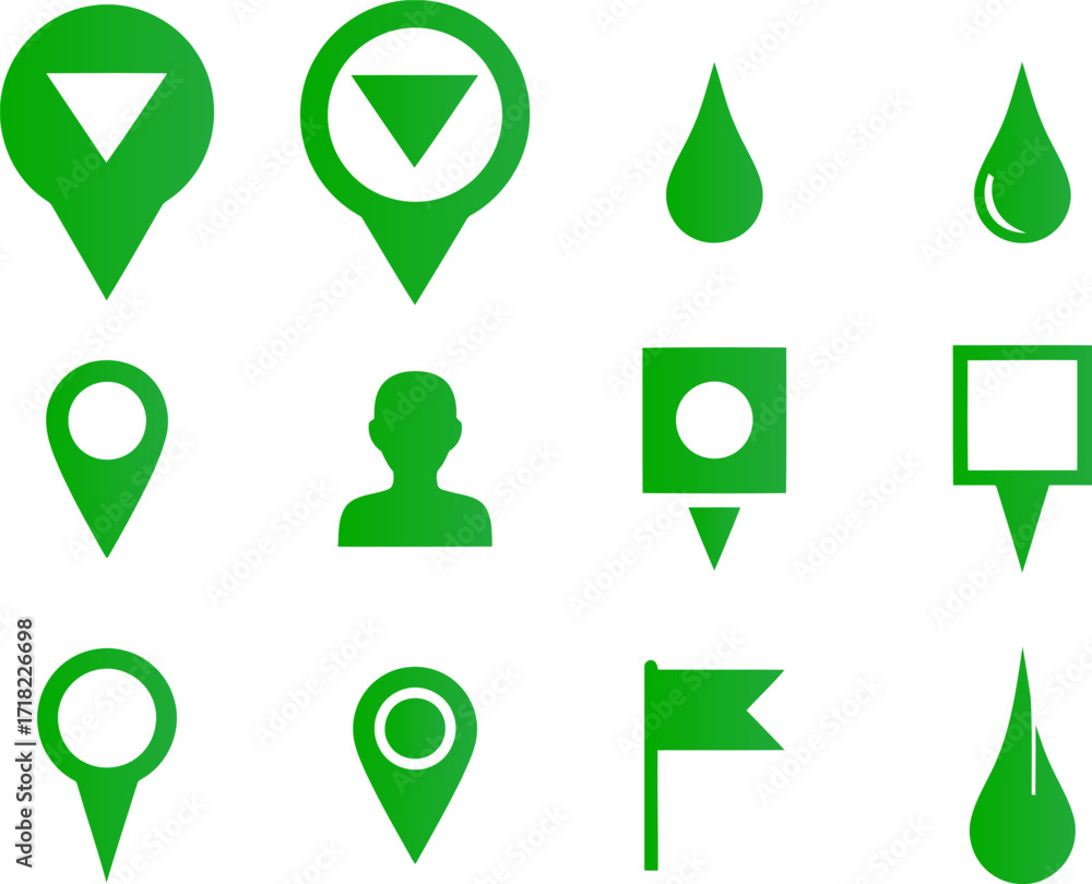 Collection of green location pin icons and water drop shapes on a white ...