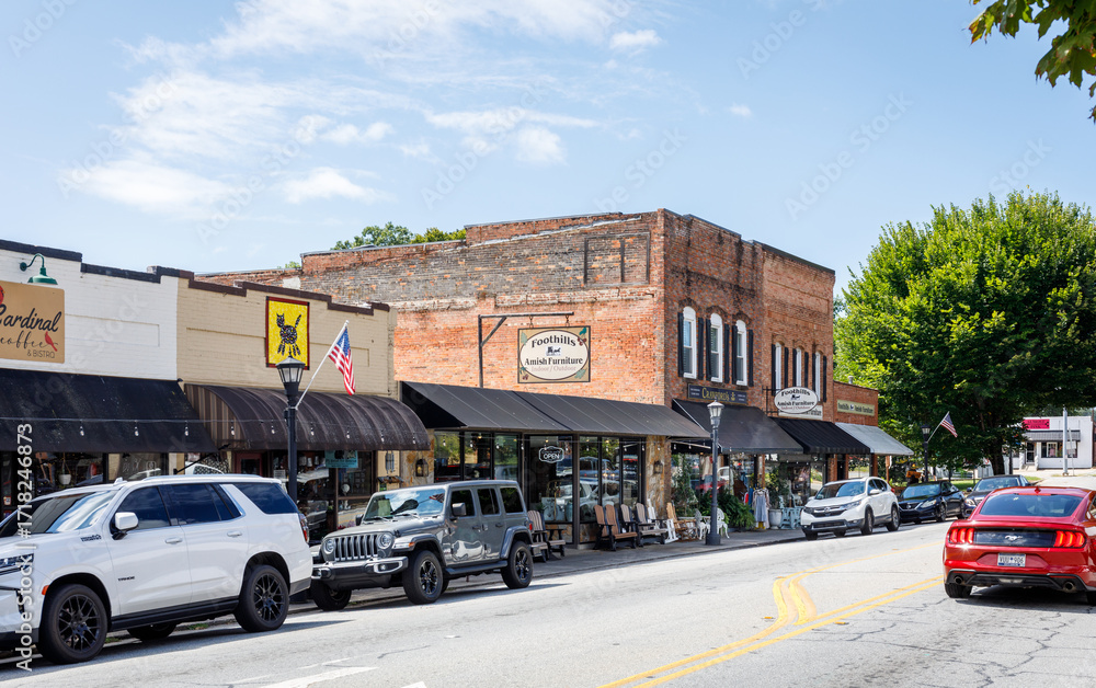 Landrum, South Carolina, USA-7 September 2025: Block of buildings on ...