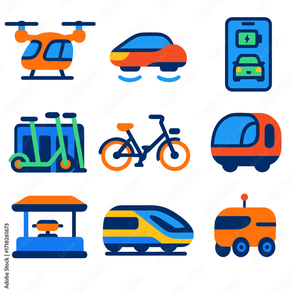 Futuristic Mobility Icons. Flat vector icons of future mobility ...