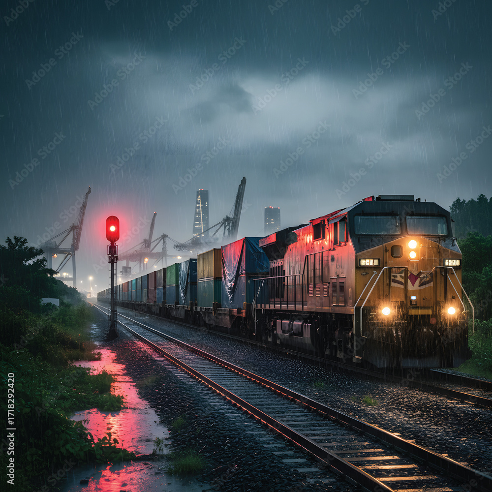 Freight train with cargo containers. Train waiting in signal. night ...