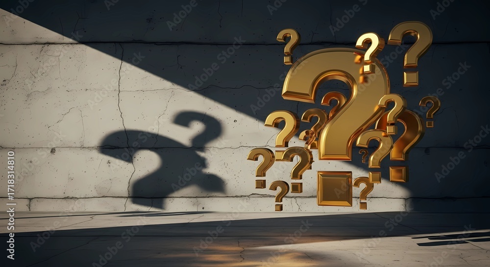 3D Golden Question Marks with Shadows on Wall - Concept of Problem ...