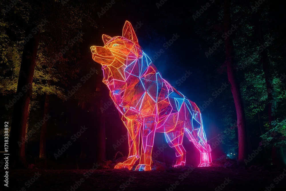 Brightly illuminated wolf sculpture captures attention in a forest ...