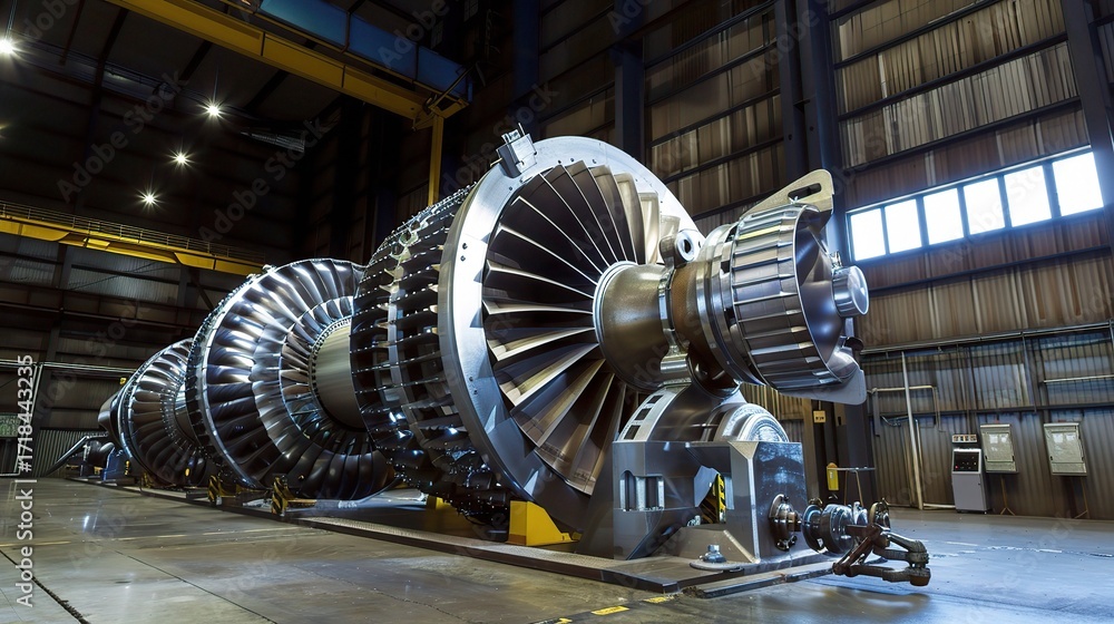 Ilustración de Stock Steam turbine with a sleek metallic steel body and ...