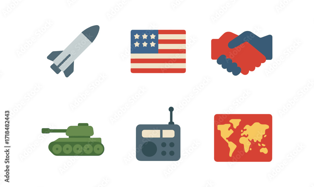 Cold war icon set featuring military and diplomatic symbols for ...
