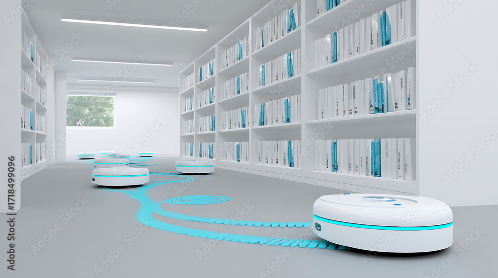 Autonomous robots navigate a modern library with bookshelves and ...