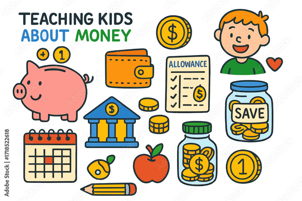 Kids Money Doodles. Colorful Hand-drawn doodle Children illustration ...