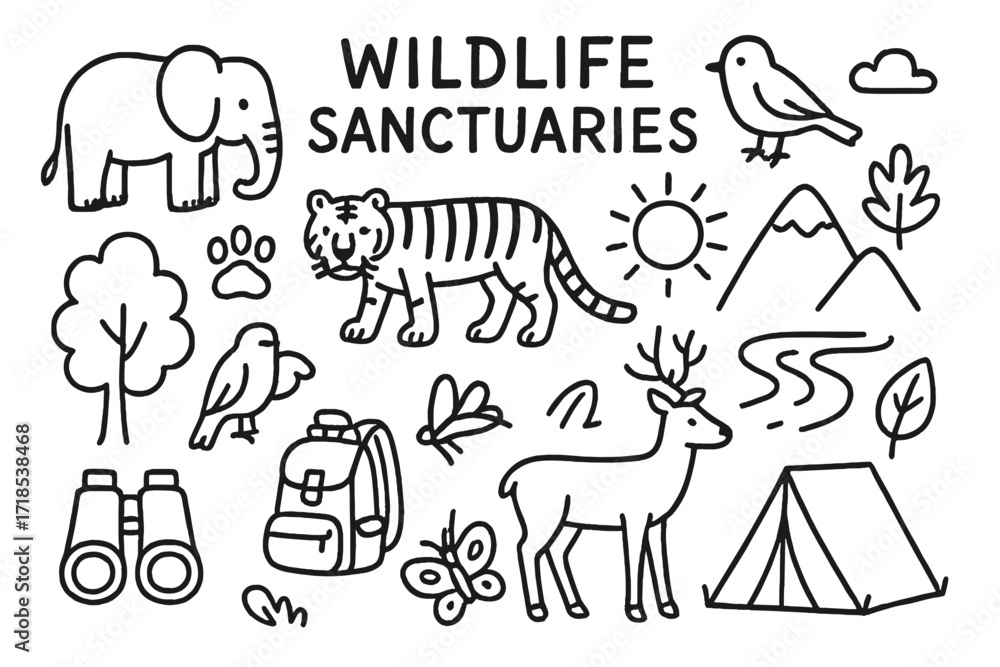 Stock-Vektorgrafik „Wildlife Sanctuary Doodles. Hand-drawn doodle ...