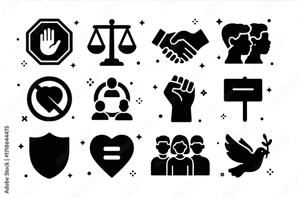 Symbols of Inclusion. Anti-Discrimination. Solid icons set of stop sign ...