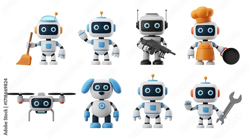 “Eight cute cartoon robots in two rows, top row includes cleaning robot ...