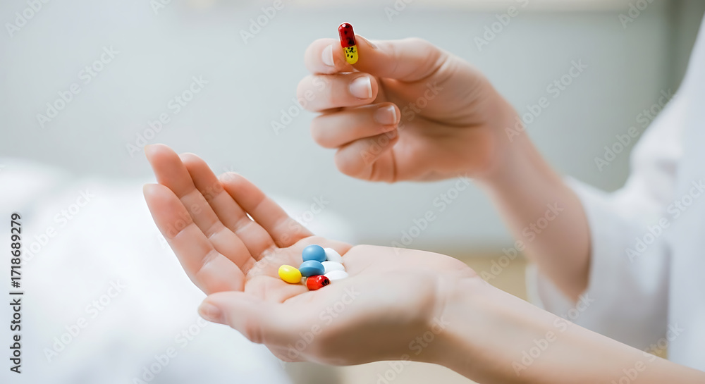 Woman thoughtfully holding medicine capsules in her hand, considering ...