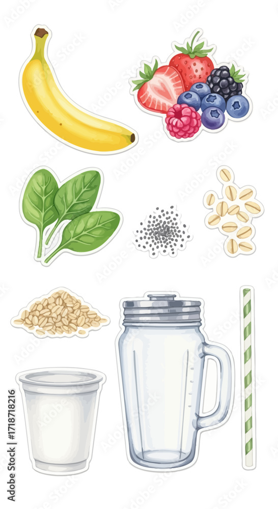 Watercolor smoothie bar ingredients clip art set banana, berries ...