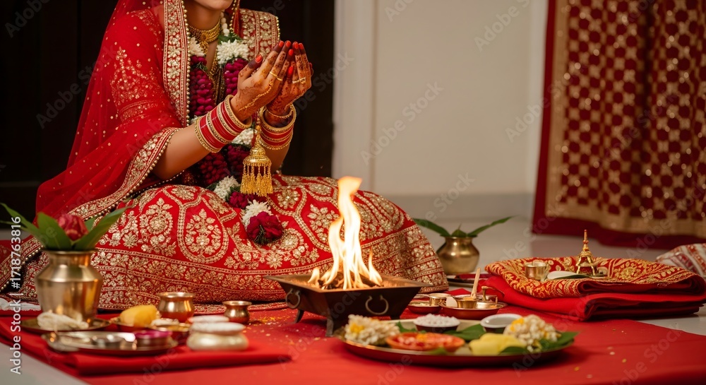 Indian Bride Performing Wedding Puja Ritual: Traditional Hindu Ceremony ...