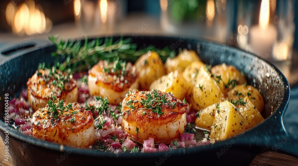 Foto de Stock Seared Scallops with Potatoes and Red Onions in Cast Iron ...