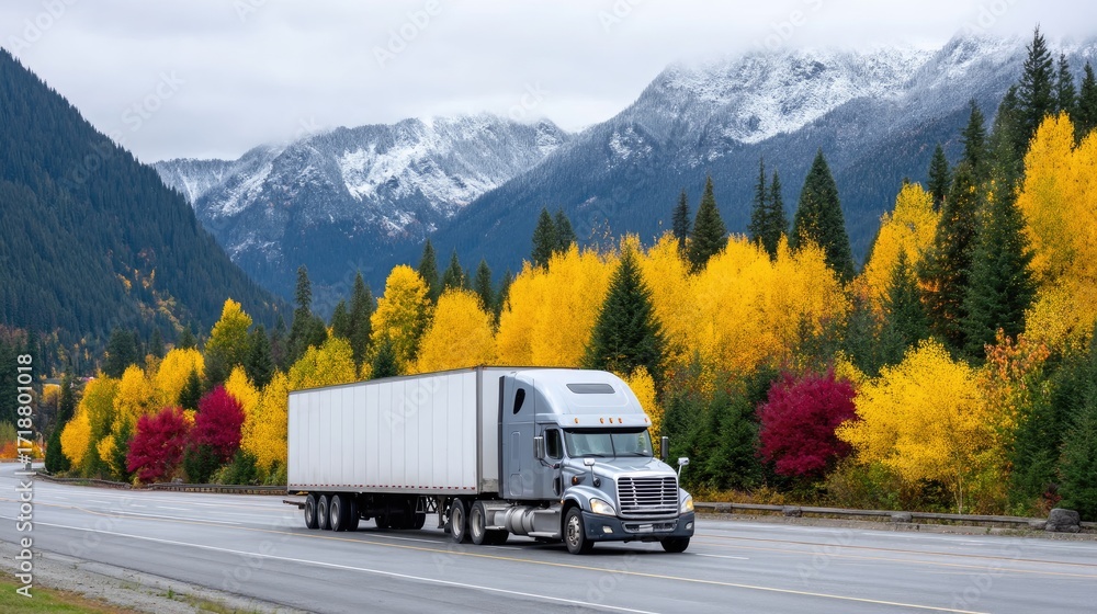 Semi Truck on Highway Road with Freight Cargo and Mountain Backdrop ...