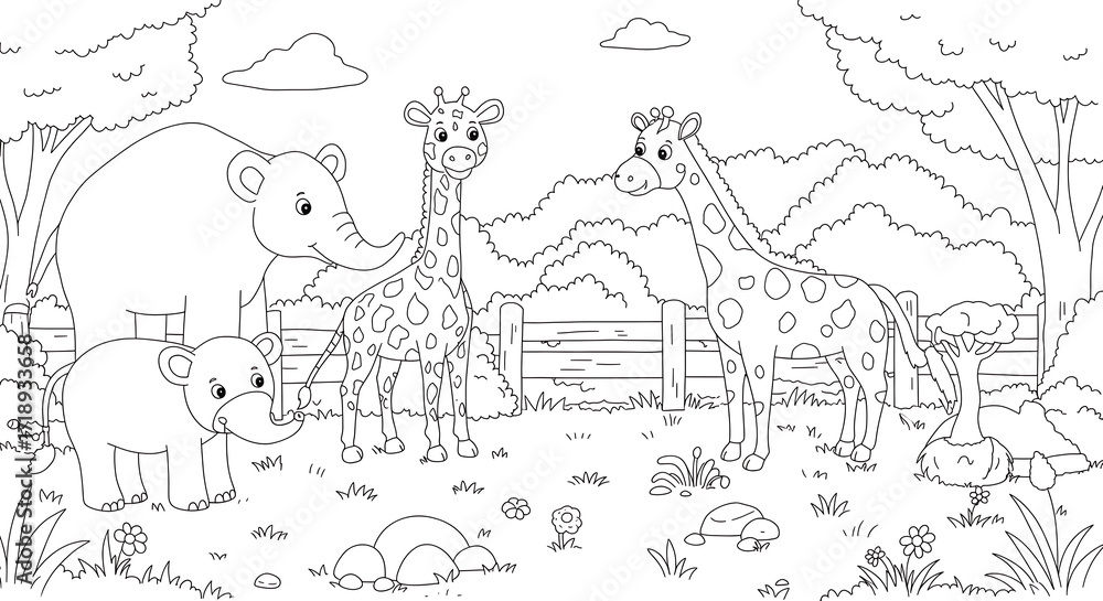 Coloring page for kids with zoo animals, fun educational printable ...