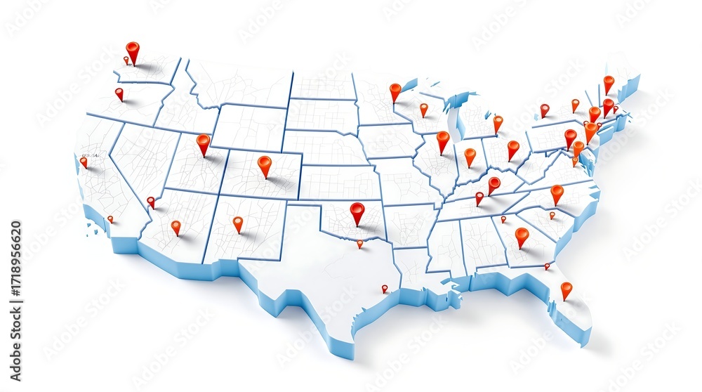 United states map with location pin points for business locations ...