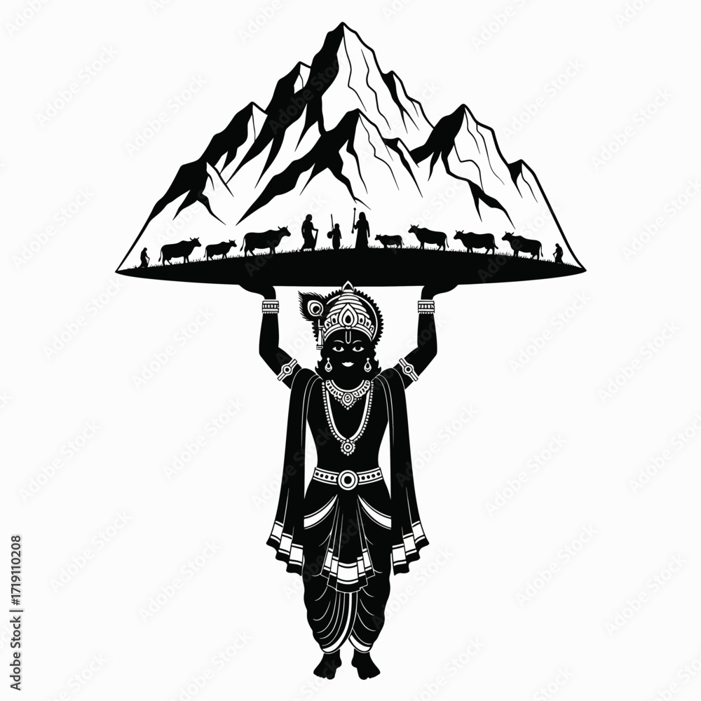 Divine Protection of Mount Govardhan by Lord Krishna Stock Vector ...
