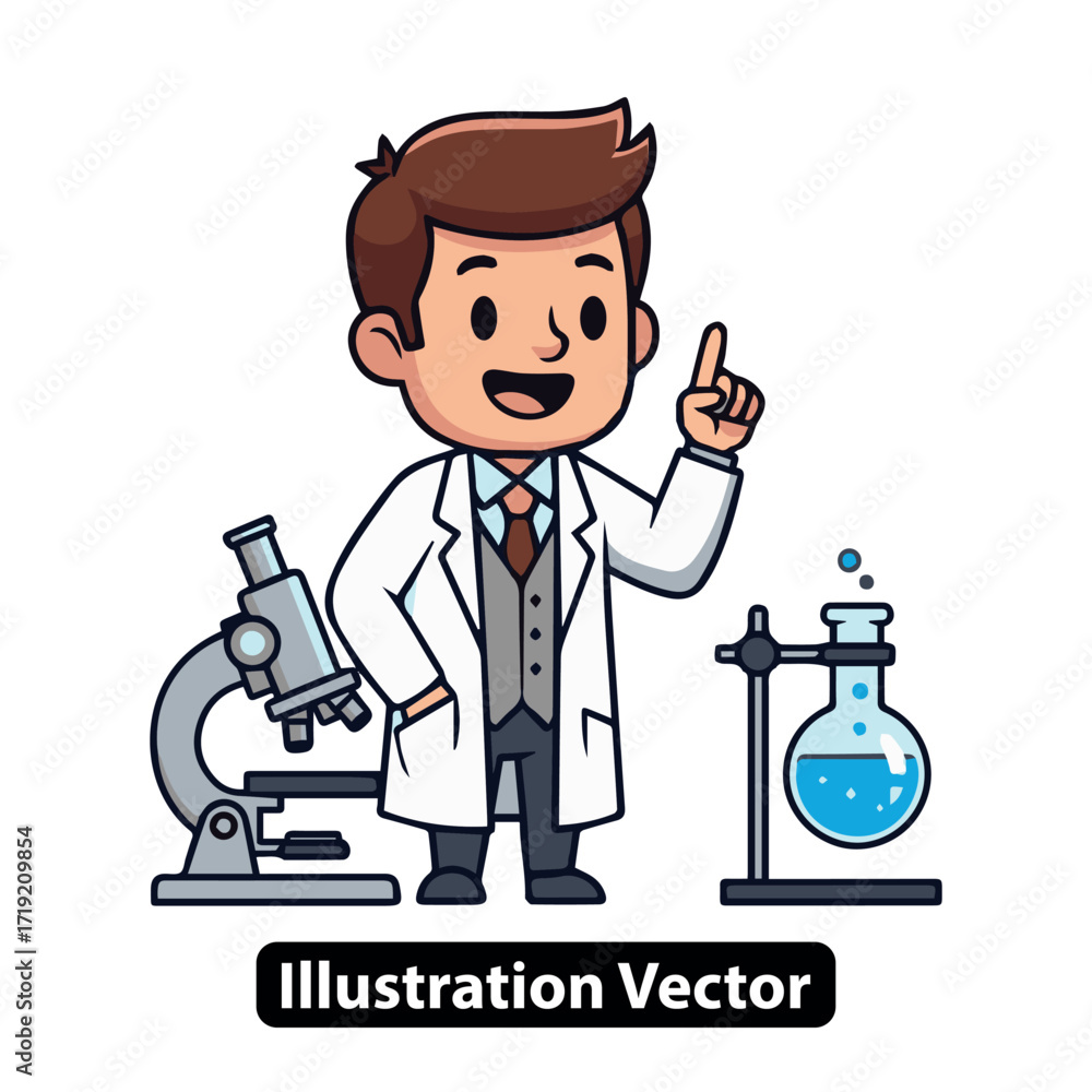 Cartoon scientist in lab coat with microscope and beaker, illustration ...