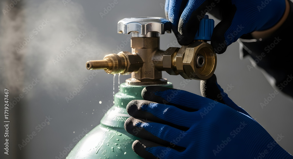 Worker in protective gloves adjusts valve on pressurized gas cylinder ...