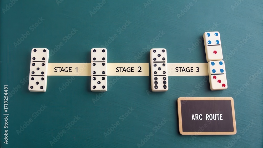 Domino Game Stages with Pathway and Instruction Board on Table Stock ...