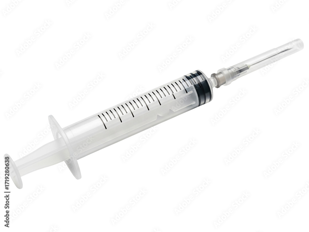 Disposable plastic medical syringe with a needle for injection on a ...