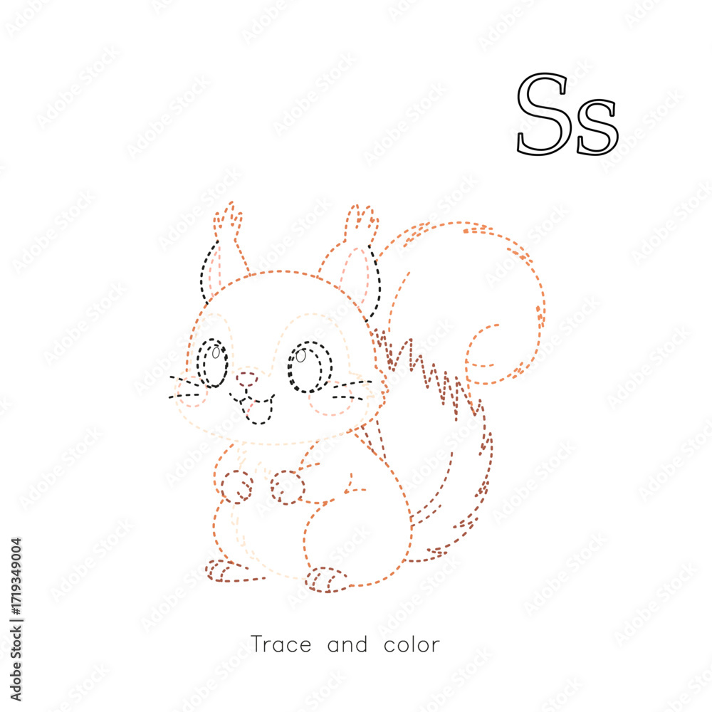Cute squirrel trace and color worksheet for kids with letter S ...