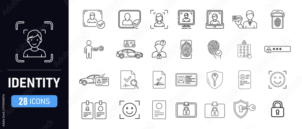 Identity line style icons set. Authentication, verification, login ...