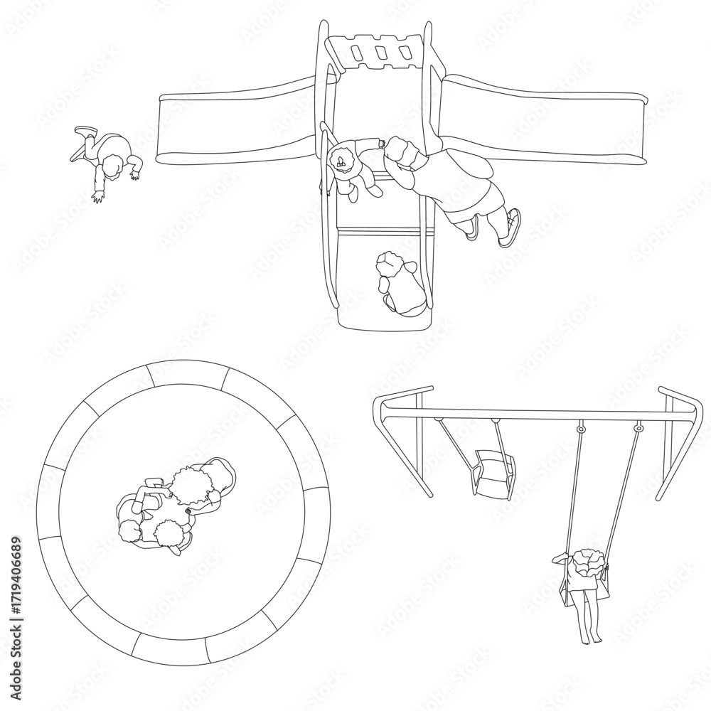 Vector top view kids on playground, swing, slide and roundabout, CAD ...