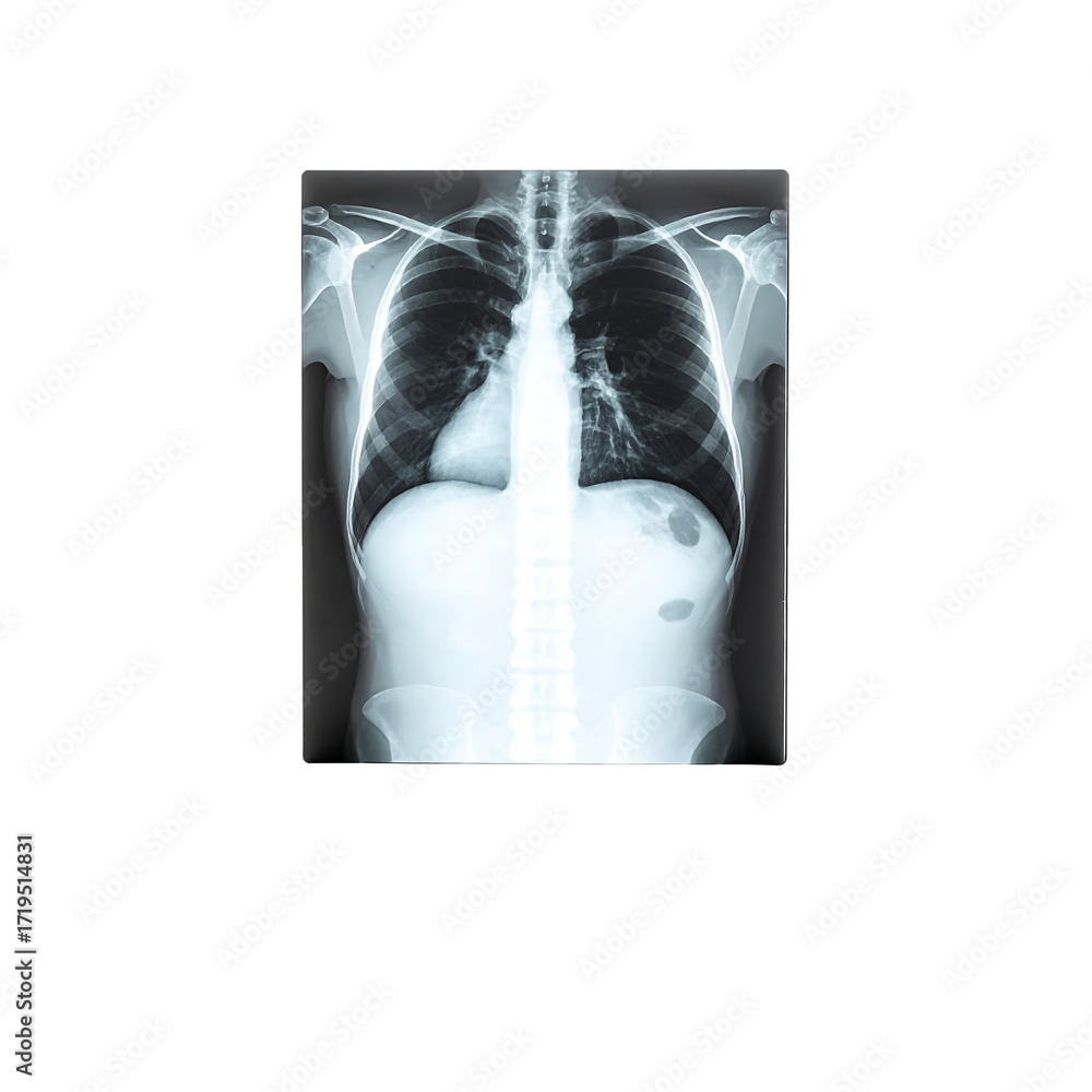 A grayscale chest X-ray showing lungs, heart, spine, and ribs with some ...
